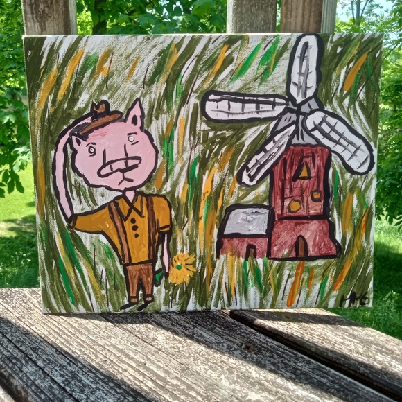 Hand Crafted | Art | Pig By Windmill Painting Folk Art Home Whimsical ...